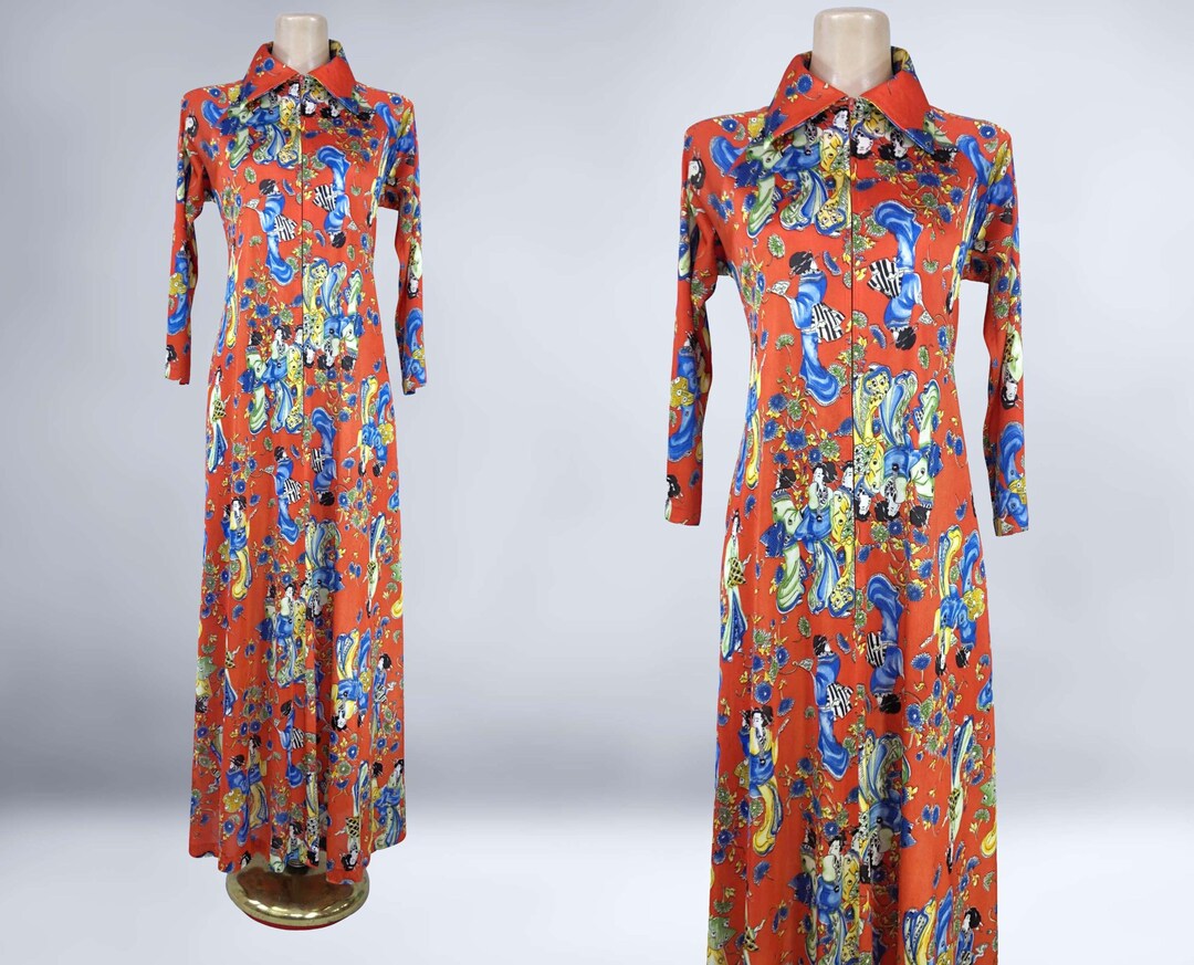 VINTAGE 70s Japanese Geisha Girl Novelty Print Maxi Dress by Take V ...
