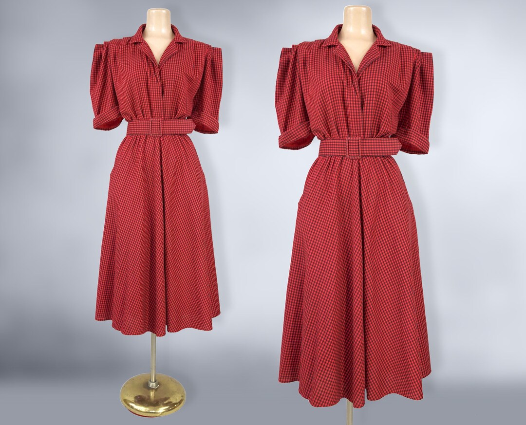 VINTAGE 80s Red and Black Gingham Belted Shirt Dress With Pagoda ...