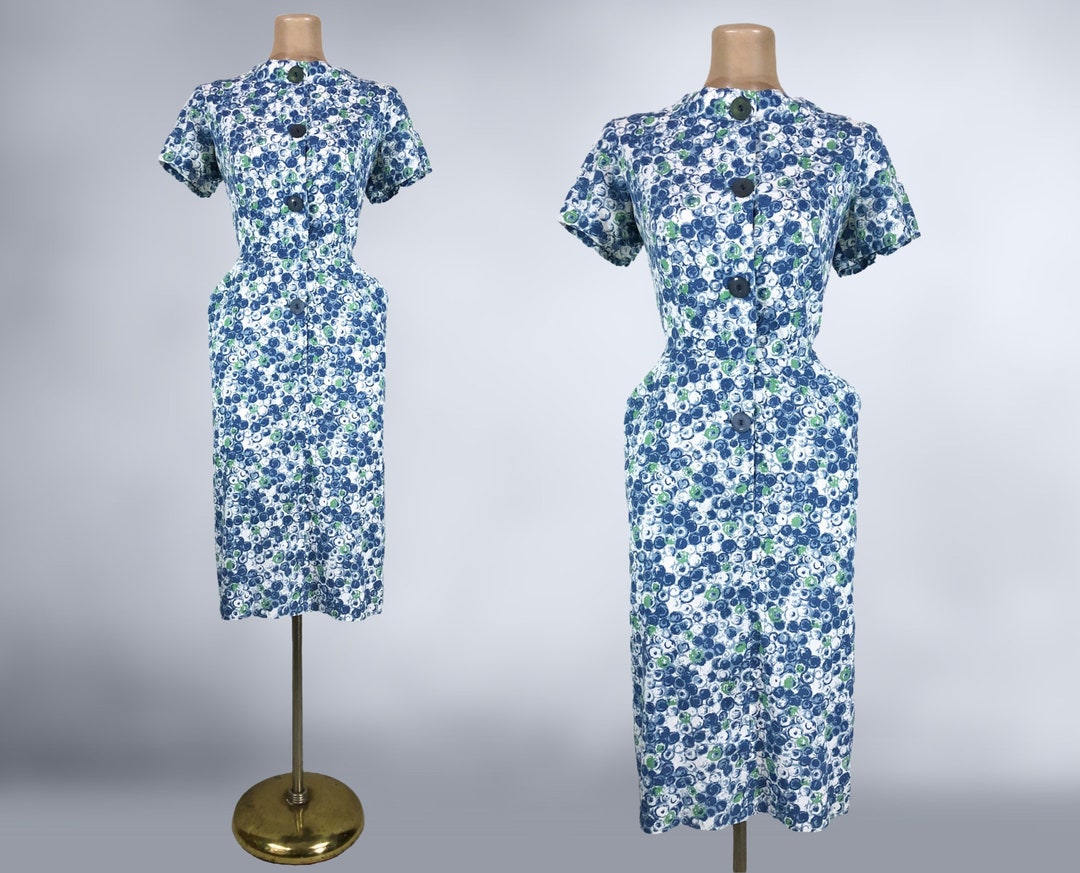 Vintage 50s Blueberry Novelty Print Pencil Dress 41 Bust 1950s Mcm