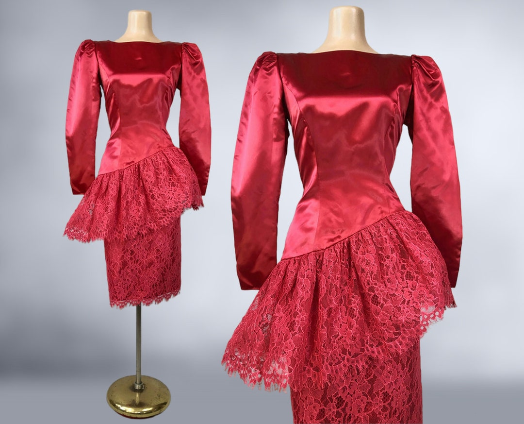 Vintage 80s Red Satin & Lace Peplum Party Dress by Sylvia Ann Size 8 ...