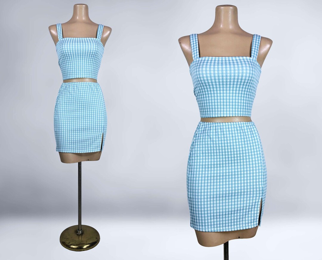 VINTAGE 90s Checkered Mini Skirt and Crop Top Set by Rue21 Sz S Blue ...