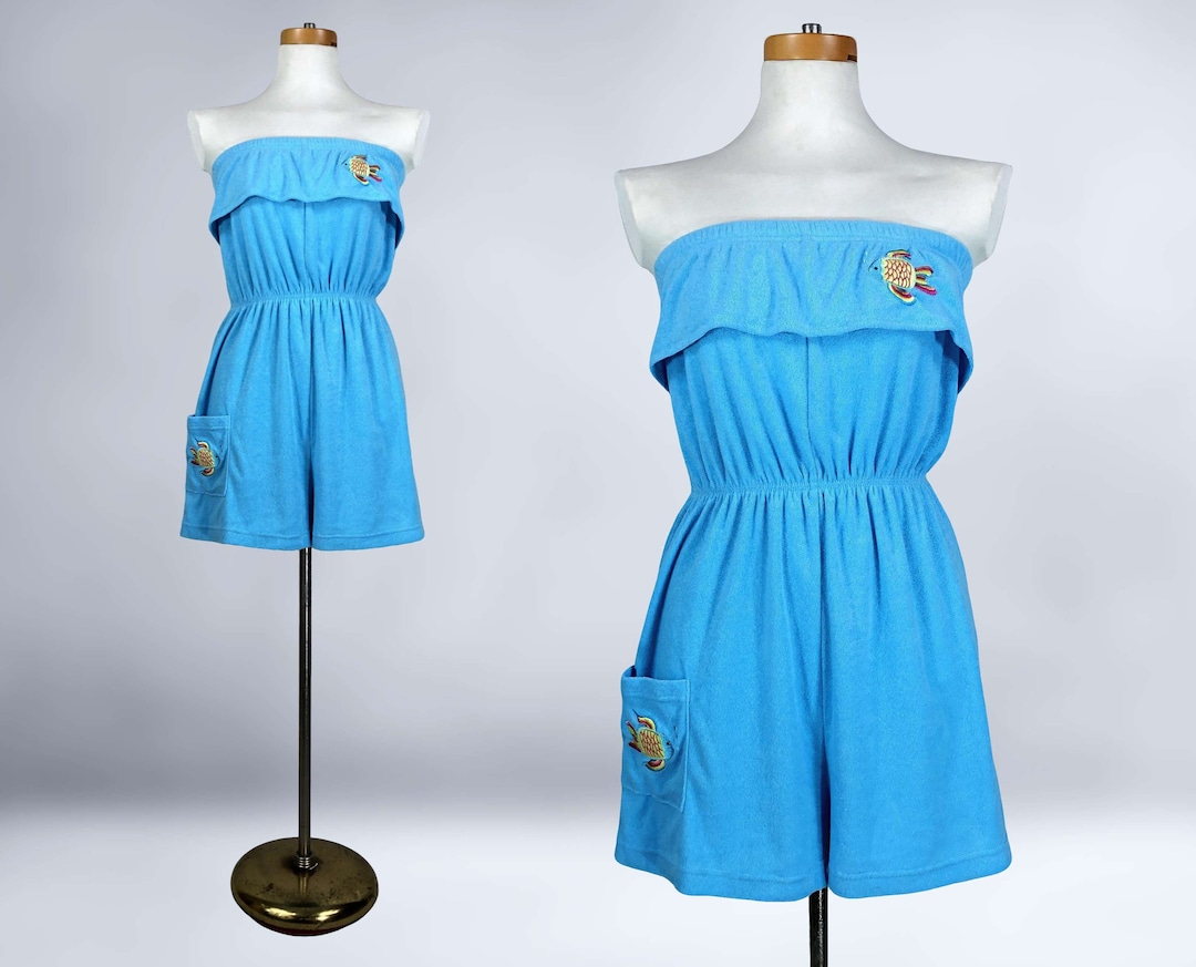 VINTAGE 80s Strapless Terry Cloth Rainbow Fish Shorts Romper by Palm ...