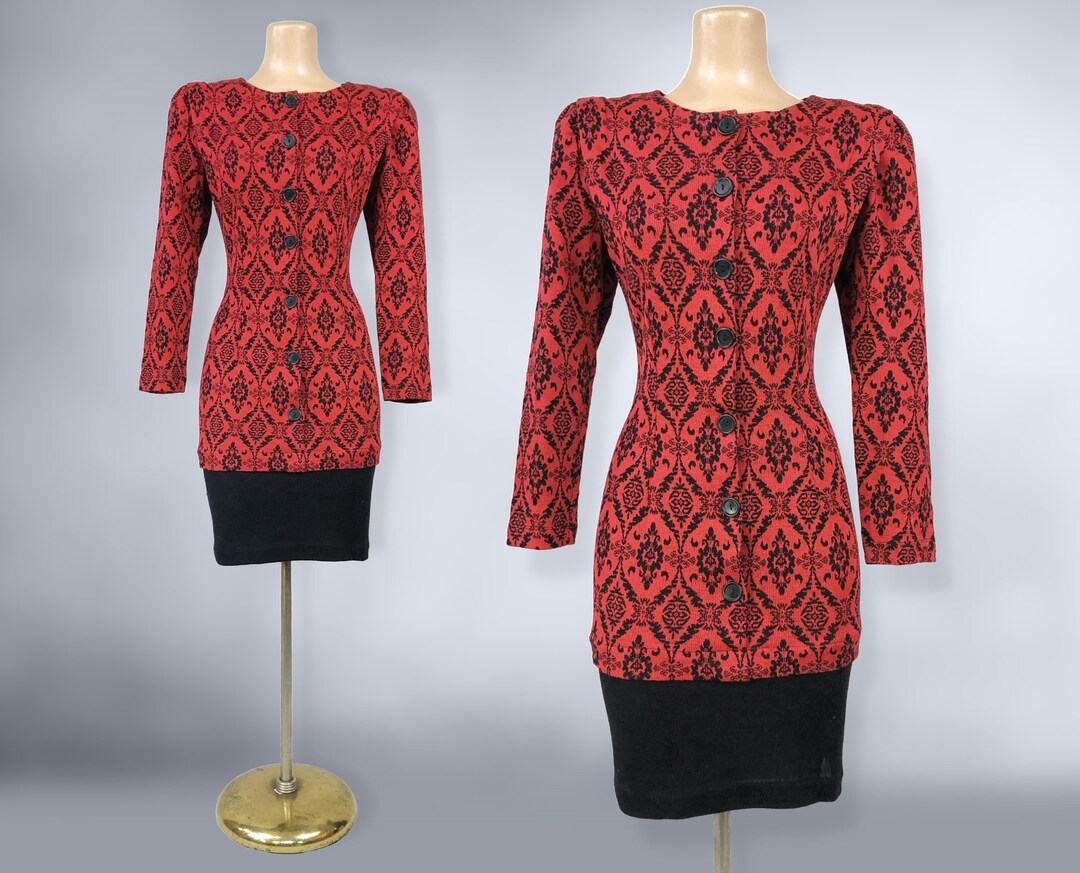 VINTAGE 80s Black and Red Damask Knit Mini Dress by Eber San Francisco ...