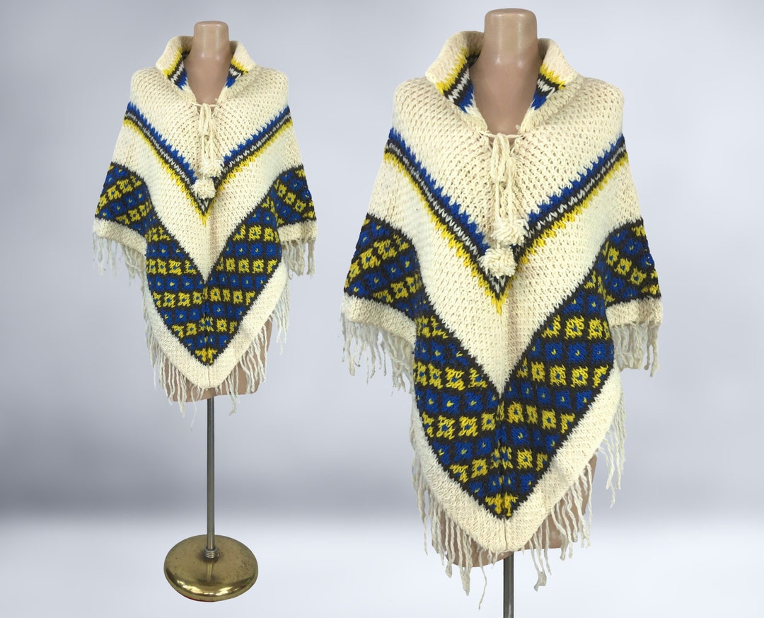 VINTAGE 60s Hand Knit Wool Poncho Jacket With Fringe and Pom Poms OSFM ...