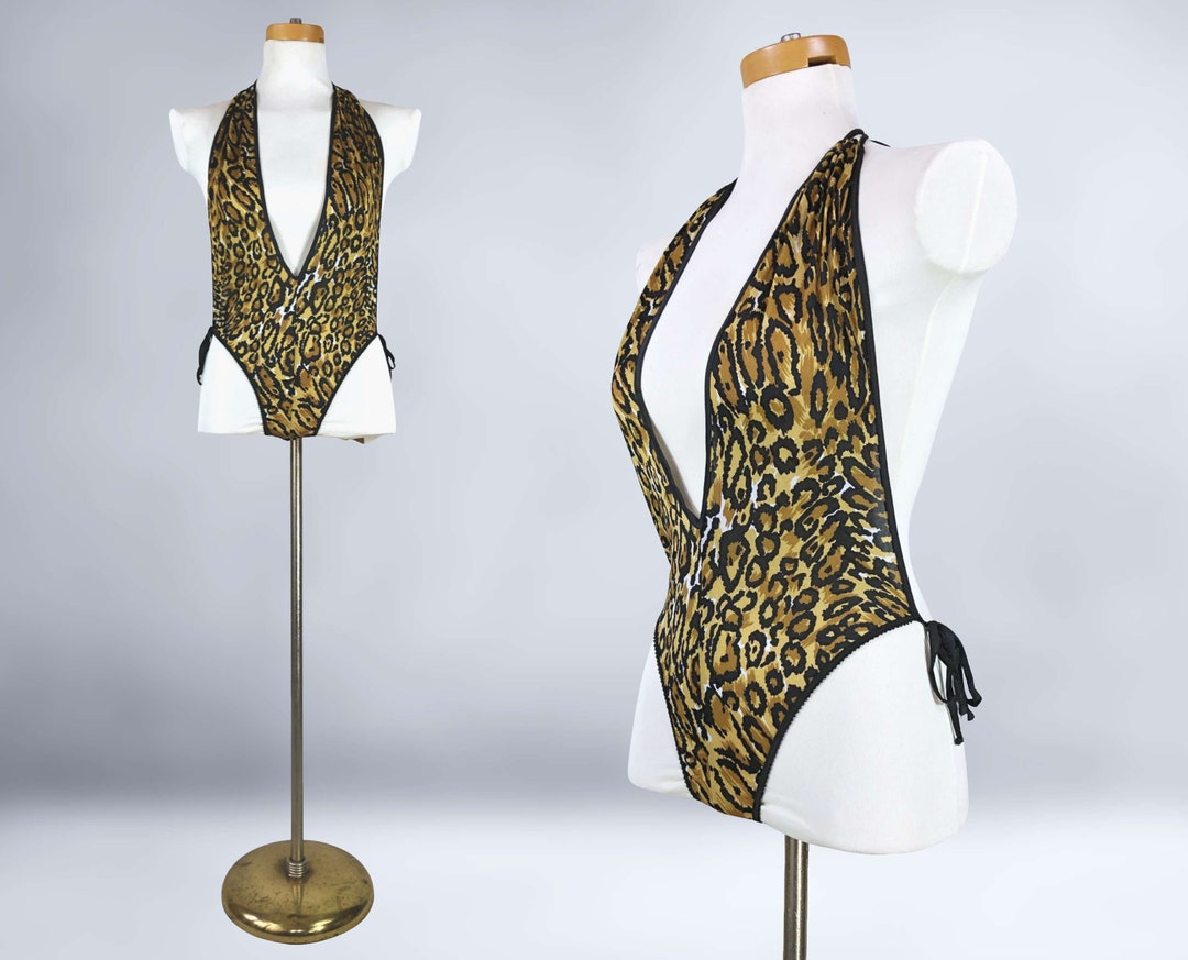 VINTAGE 70s 80s Deep Plunge Side Tie Lingerie Bodysuit Leopard Print ...