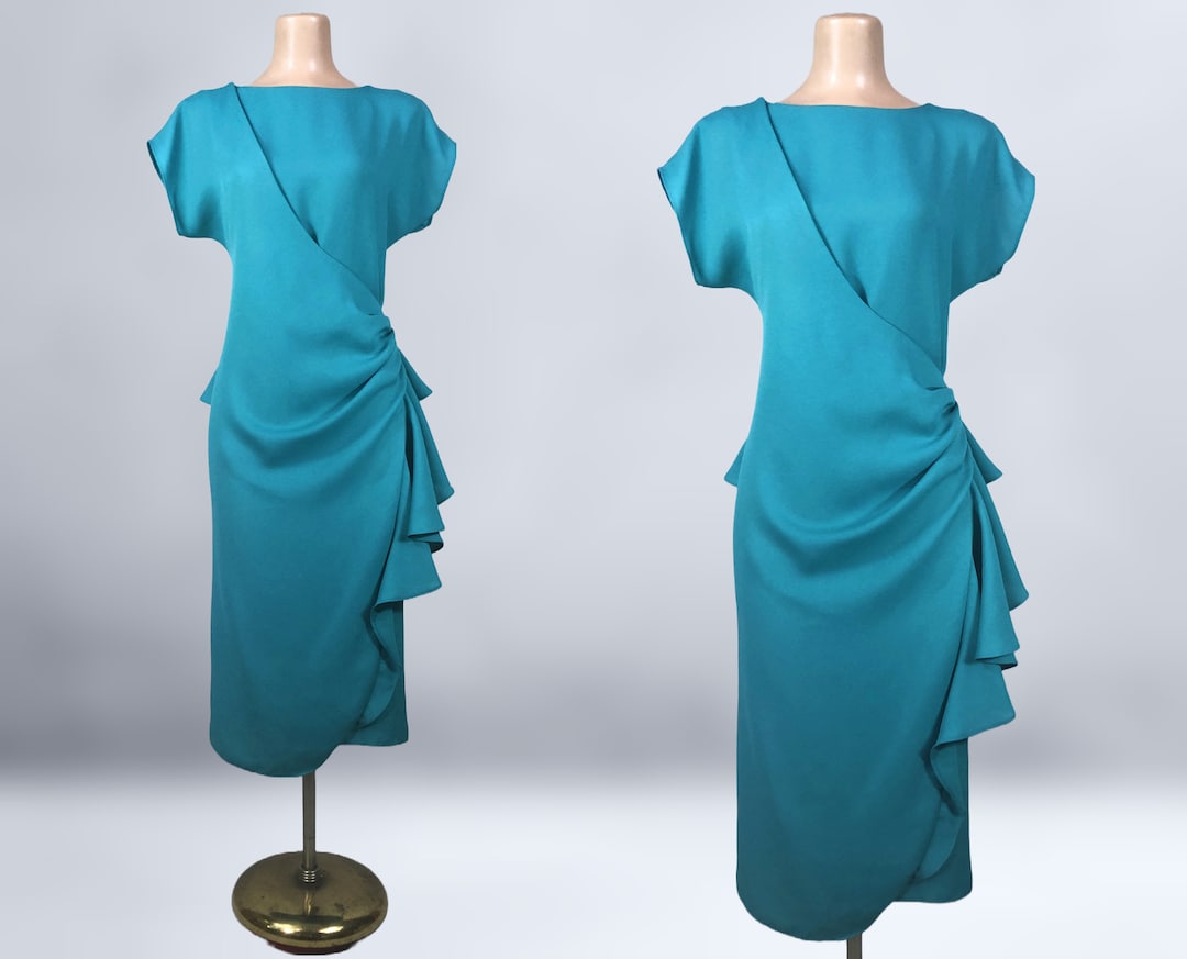 VINTAGE 80s Turquoise Draped Hip Swag Peplum Wrap Dress by - Etsy