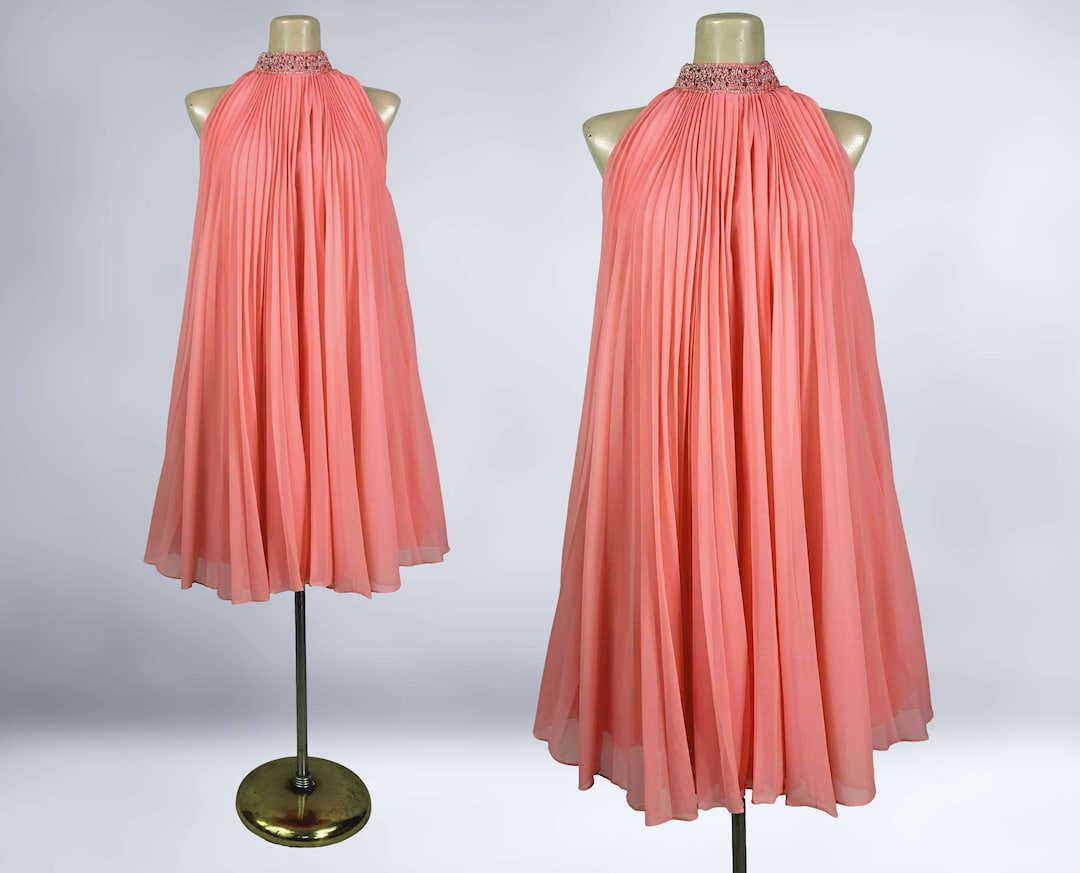VINTAGE 60s Crystal Pleated Chiffon Party Dress in Coral Orange 1960s ...