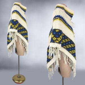 VINTAGE 60s Hand Knit Wool Poncho Jacket With Pom Poms and Fringe OSFM ...