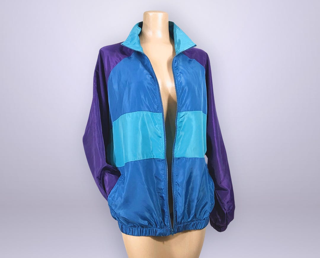 VINTAGE 80s 90s Blue & Purple Color Block Windbreaker Jacket Sz Medium ...