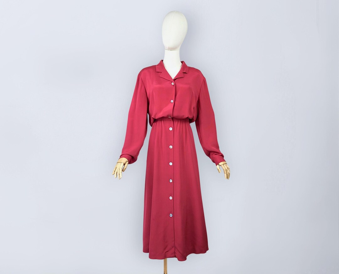 VINTAGE 90s Lands' End Rose Petal Red Silk Dress 10 | Shirtwaist Midi ...