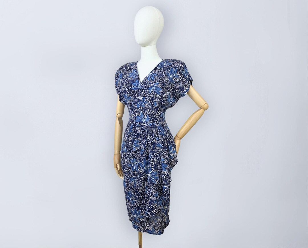 Vintage 80s Blue Floral Rayon Swag Dress | 40s‑inspired Bombshell ...