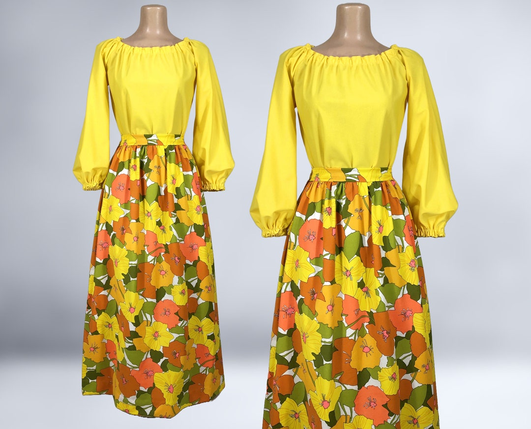 Vintage 70s Flower Power Maxi Skirt And Balloon Sleeve Blouse Set 1970s