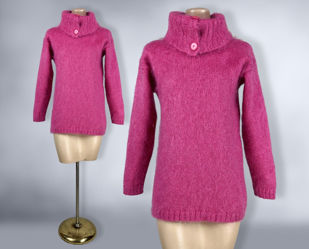 VINTAGE 80s Hot Pink Fuzzy Mohair Sweater by Interim Size M 1980s High ...