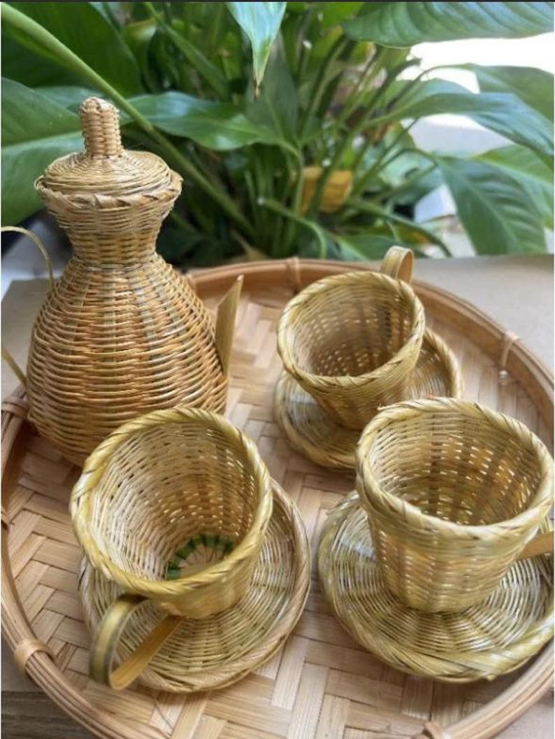 Handwoven Rattan Teapot and Teacup Set – Miniature Bamboo Tea Set ...