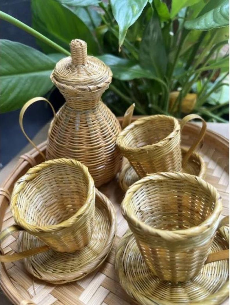 Handwoven Rattan Teapot and Teacup Set – Miniature Bamboo Tea Set ...