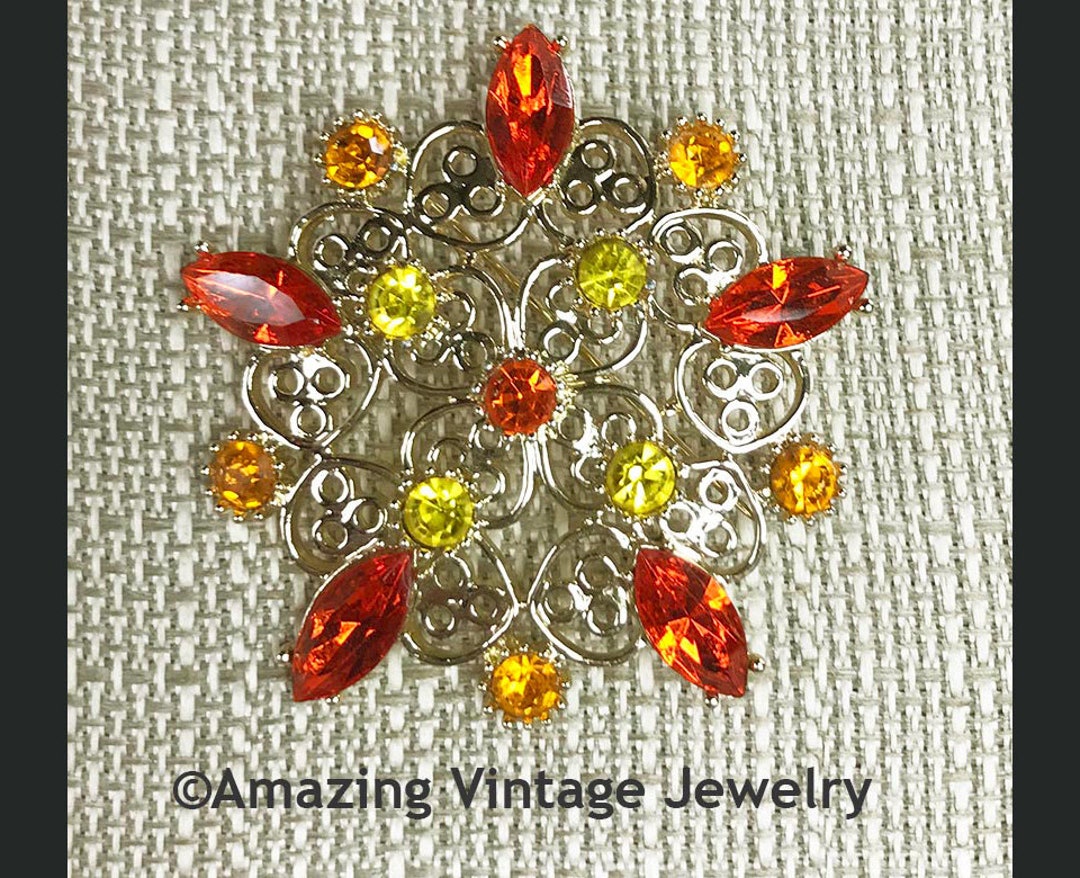 EMMONS Budding Romance Pin * Gold With Orange and Yellow Rhinestones ...