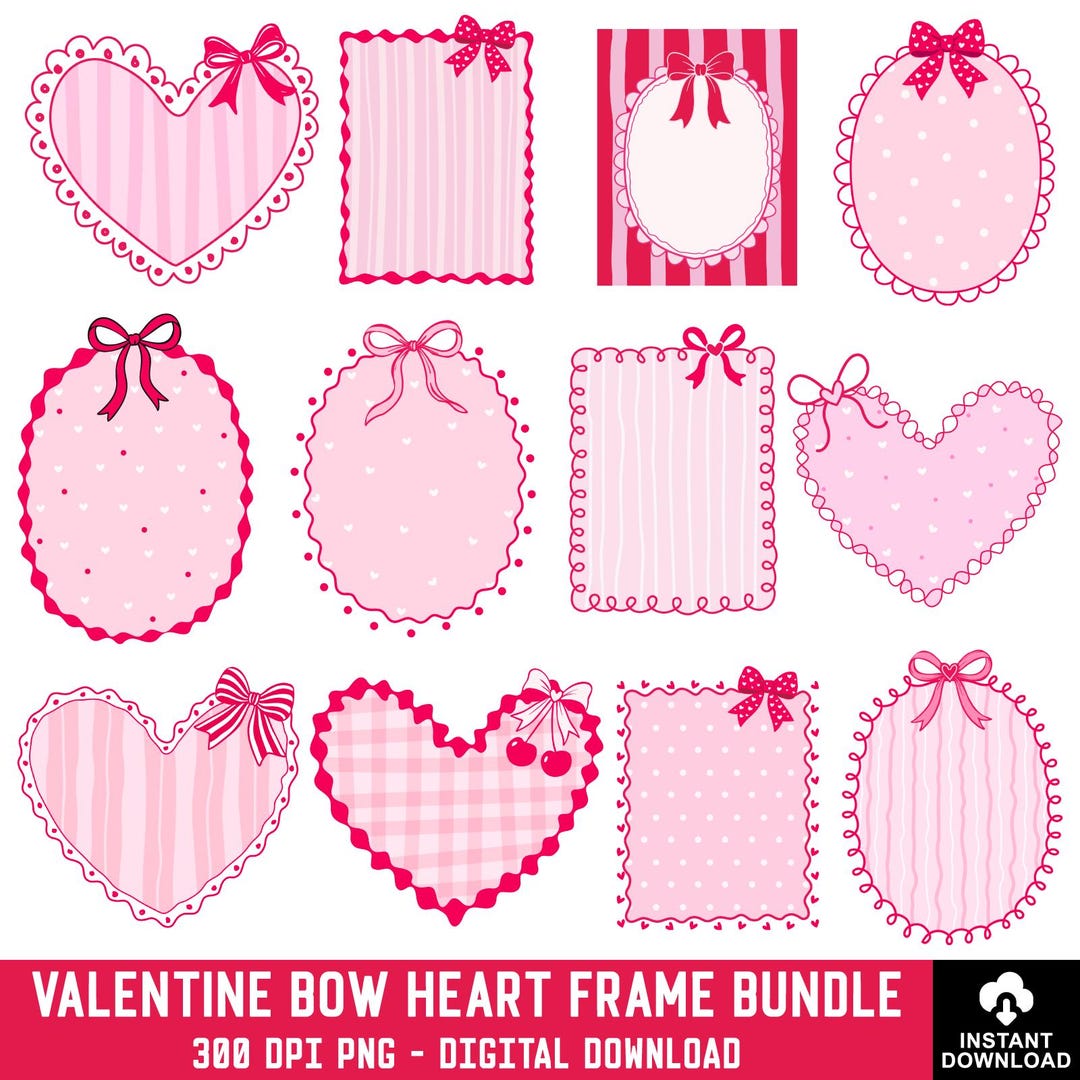Coquette Bow Frames Clipart PNG Bundle, Pink Vintage Heart & Border ...