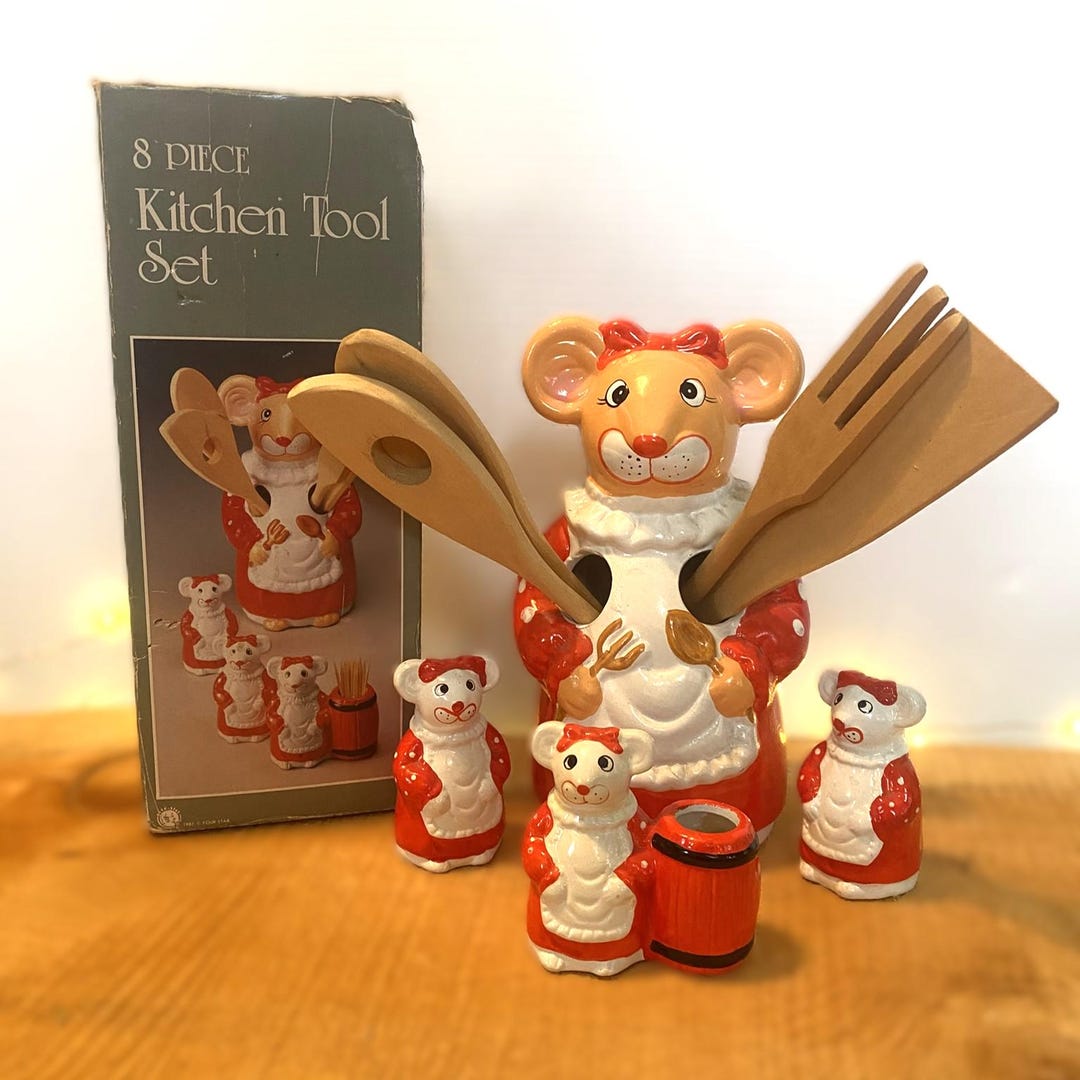 Vintage Kitchen Mouse Utensil Holder 8 Piece Set Includes Salt and ...