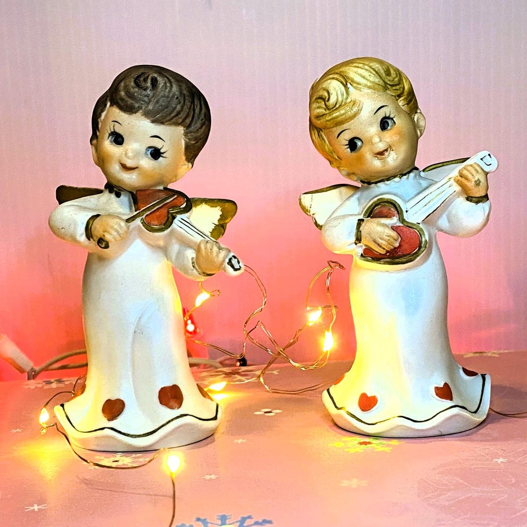 Lefton Valentine Angels Boys Playing Violin and Guitar Set of 2 Vintage ...