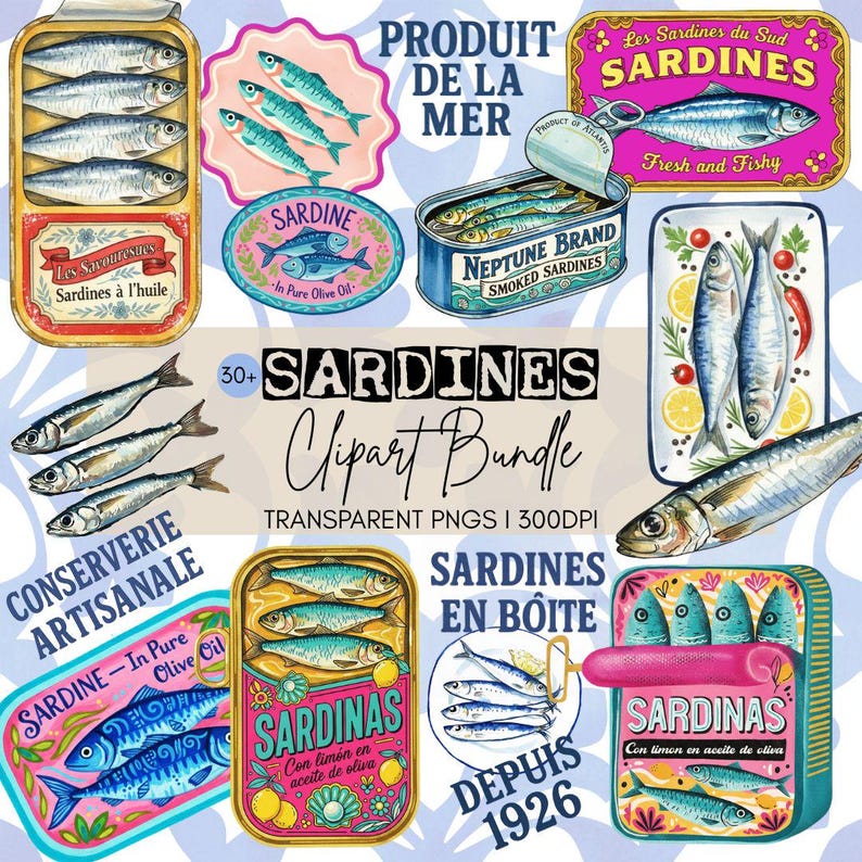 Watercolor Sardines Clipart Bundle: Retro Fish Can Pngs - Etsy