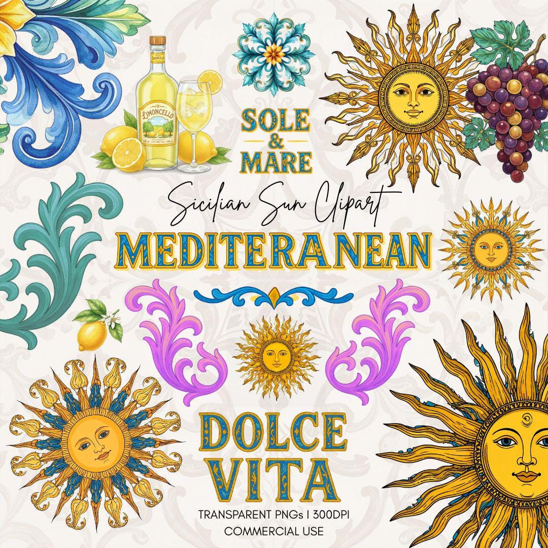 Sicilian Sun Clipart Bundle, Mediterranean Baroque Floral Elements (PNG ...