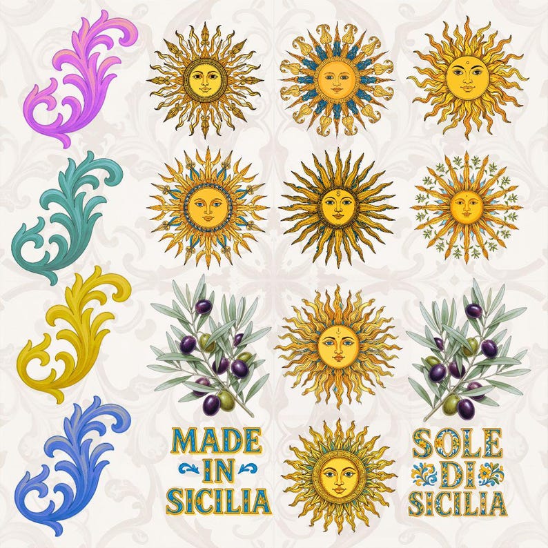 Sicilian Clipart Bundle, Sun Face PNG, Mediterranean PNG Set, Dolce ...