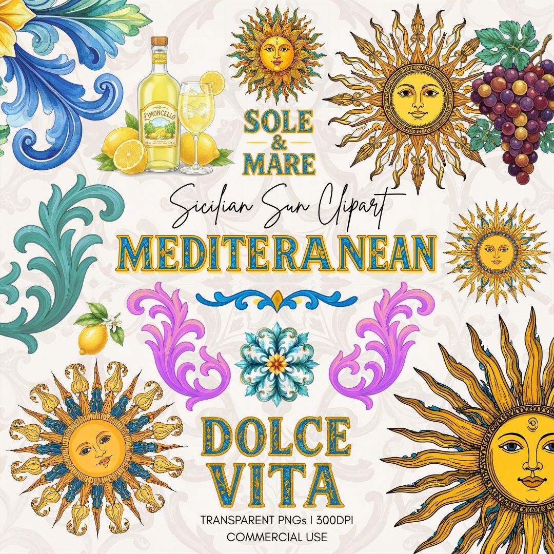 40 Sicilian Sun Clipart Bundle, Mediterranean PNG SVG Set, Dolce Vita ...