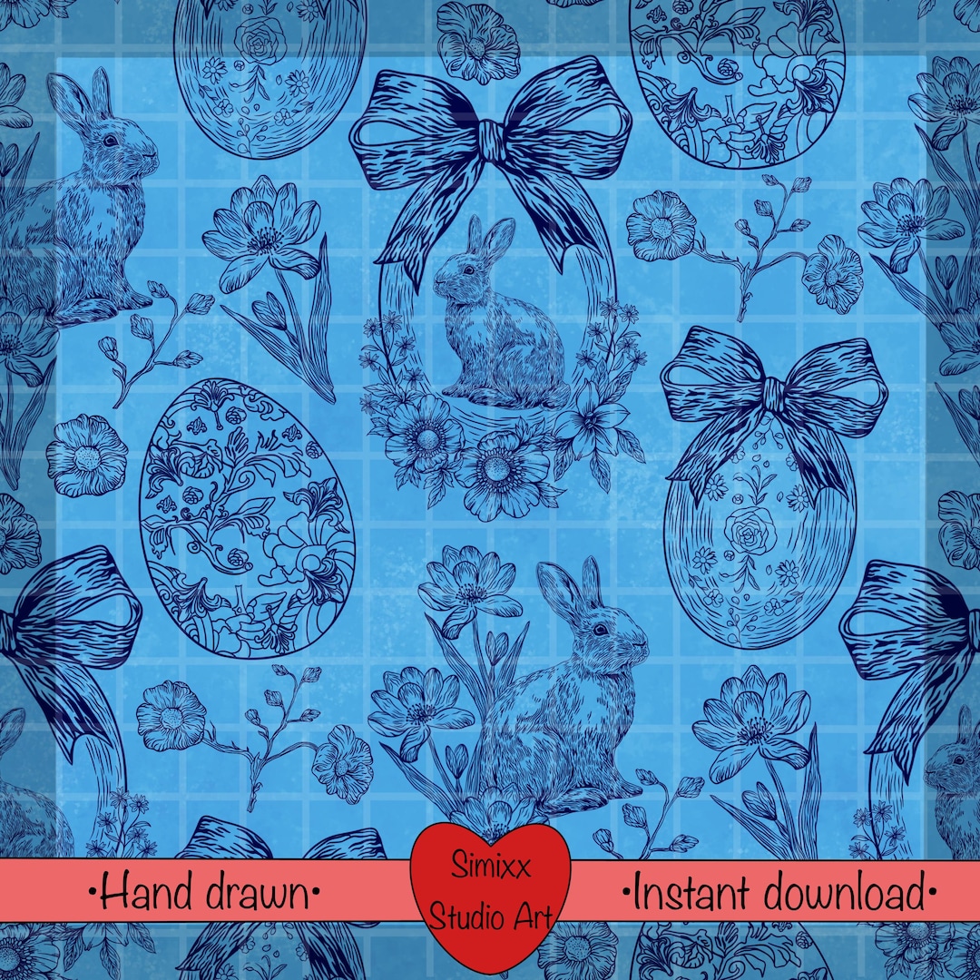 Vintage Blue Easter Seamless Pattern Hand Drawn Bunny & Egg Digital ...