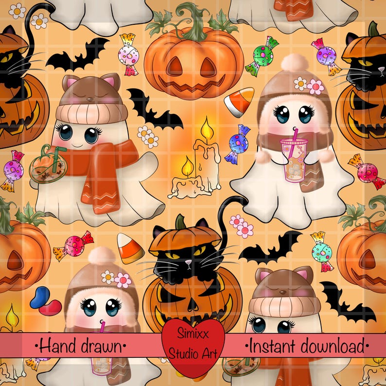 Girly Kawaii Halloween Seamless Pattern 300DPI Instant Download Digital ...