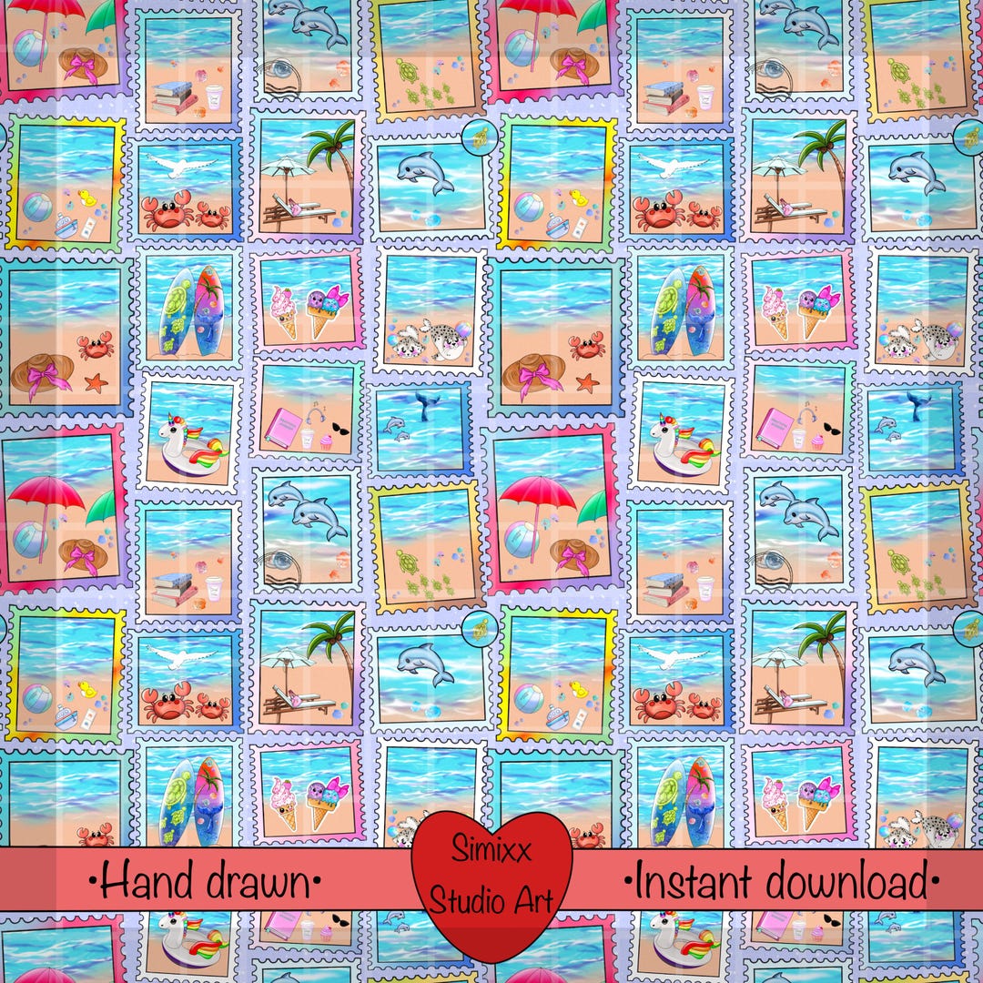 Playful Beach Postal Stamps 300 DPI Instant Download Digital Papers ...