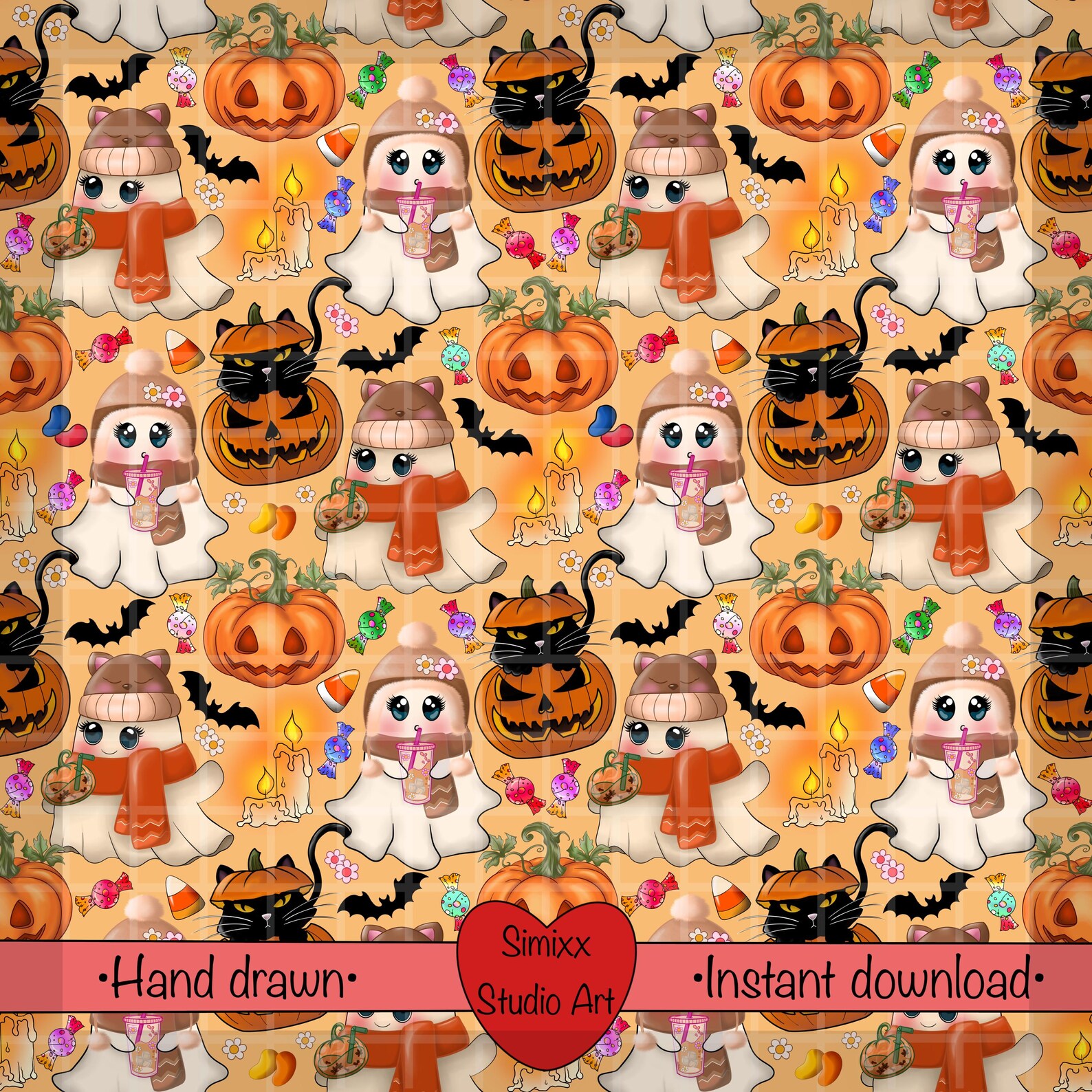 Girly Kawaii Halloween Seamless Pattern 300DPI Instant Download Digital ...