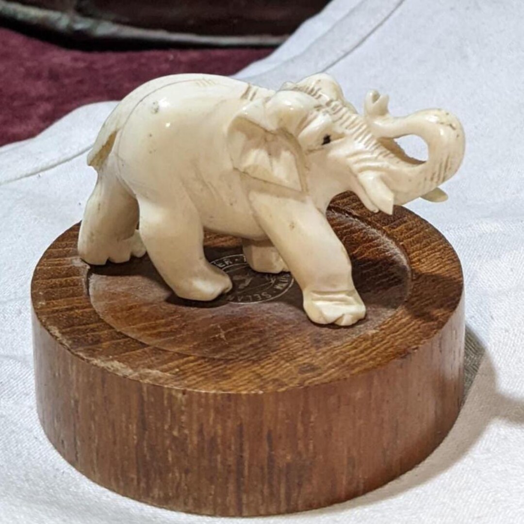 Vintage Ivory Style Elephant Figurine on Wooden Base | Hand Carved ...