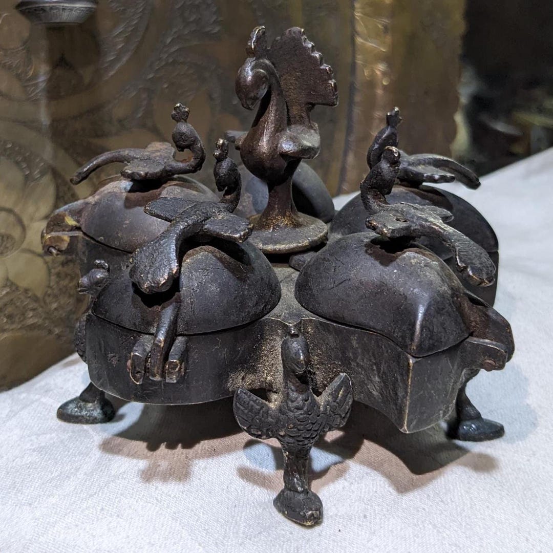 Antique Indian Brass Sindoor Box Handcrafted Peacock Design Vintage ...