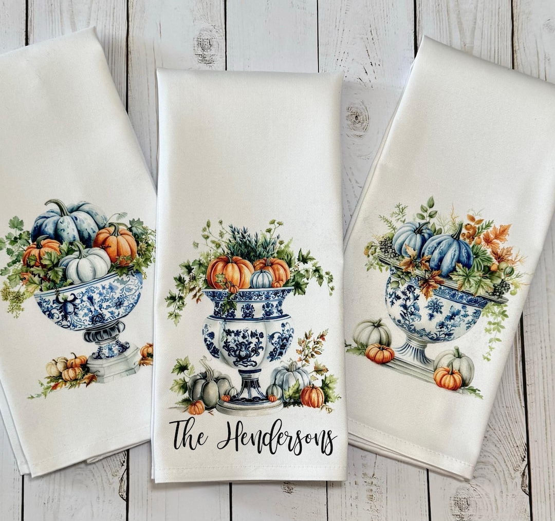 Personalized Fall Kitchen Towel: Pumpkin Chinoiserie Autumn Decor ...