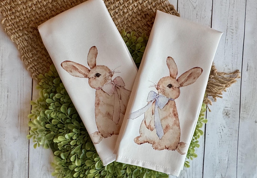 Bunny Kitchen Towels - Easter Decor - Hostess Gift - Pink or Blue Bow ...