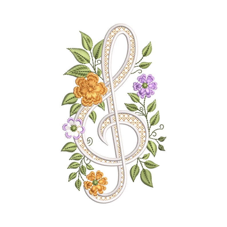 Floral Treble Clef Machine Embroidery Design: Music Symbol (DST, PES ...