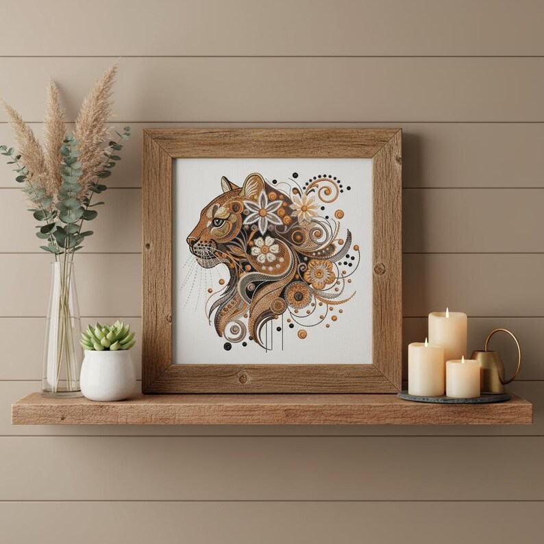 Floral Cougar Embroidery Design, Animal Boho Embroidery File, Mountain ...