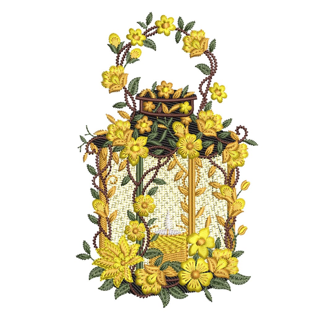 Floral Lantern Embroidery Design, Vintage Candle Lantern Stitch Pattern ...