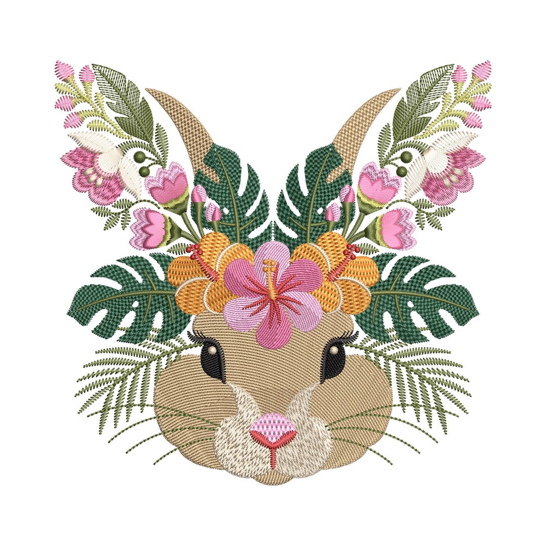 Floral Bunny Machine Embroidery Design: Pastel Leaf Animal, Bunny ...