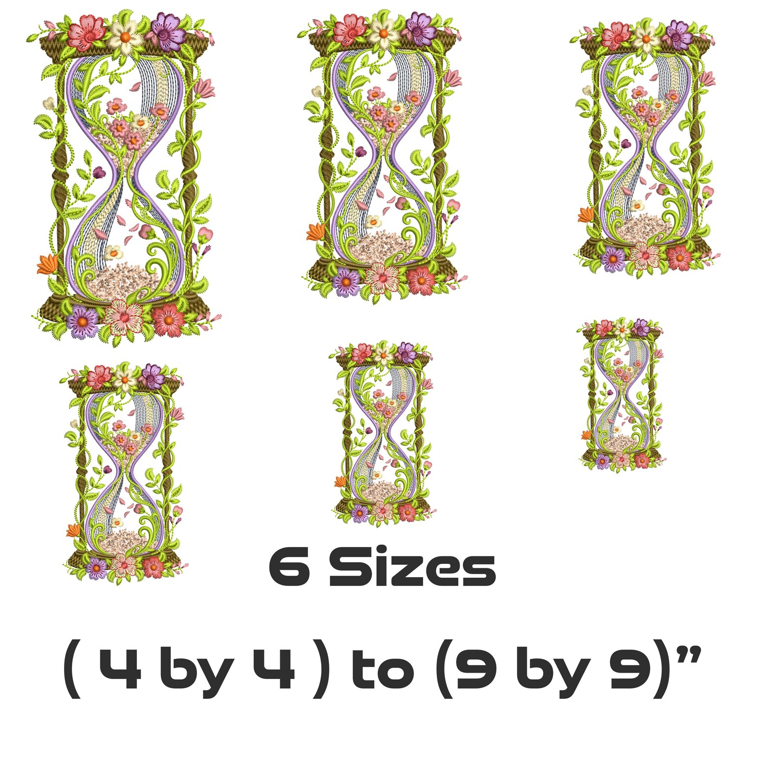 Floral Hourglass Embroidery Design, Elegant Vintage Timepiece Machine ...