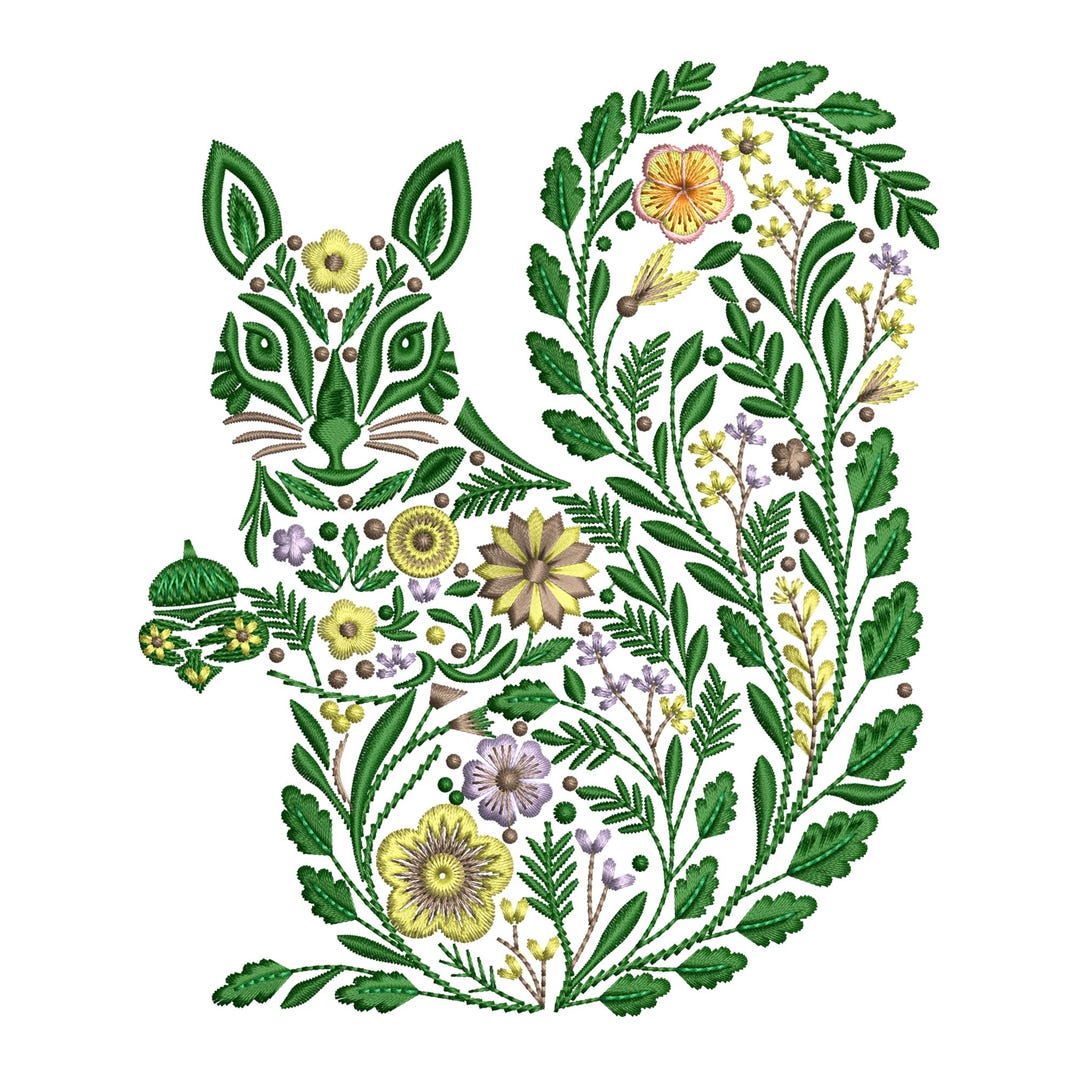 Floral Squirrel Embroidery Design, Woodland Animal Embroidery, Floral ...