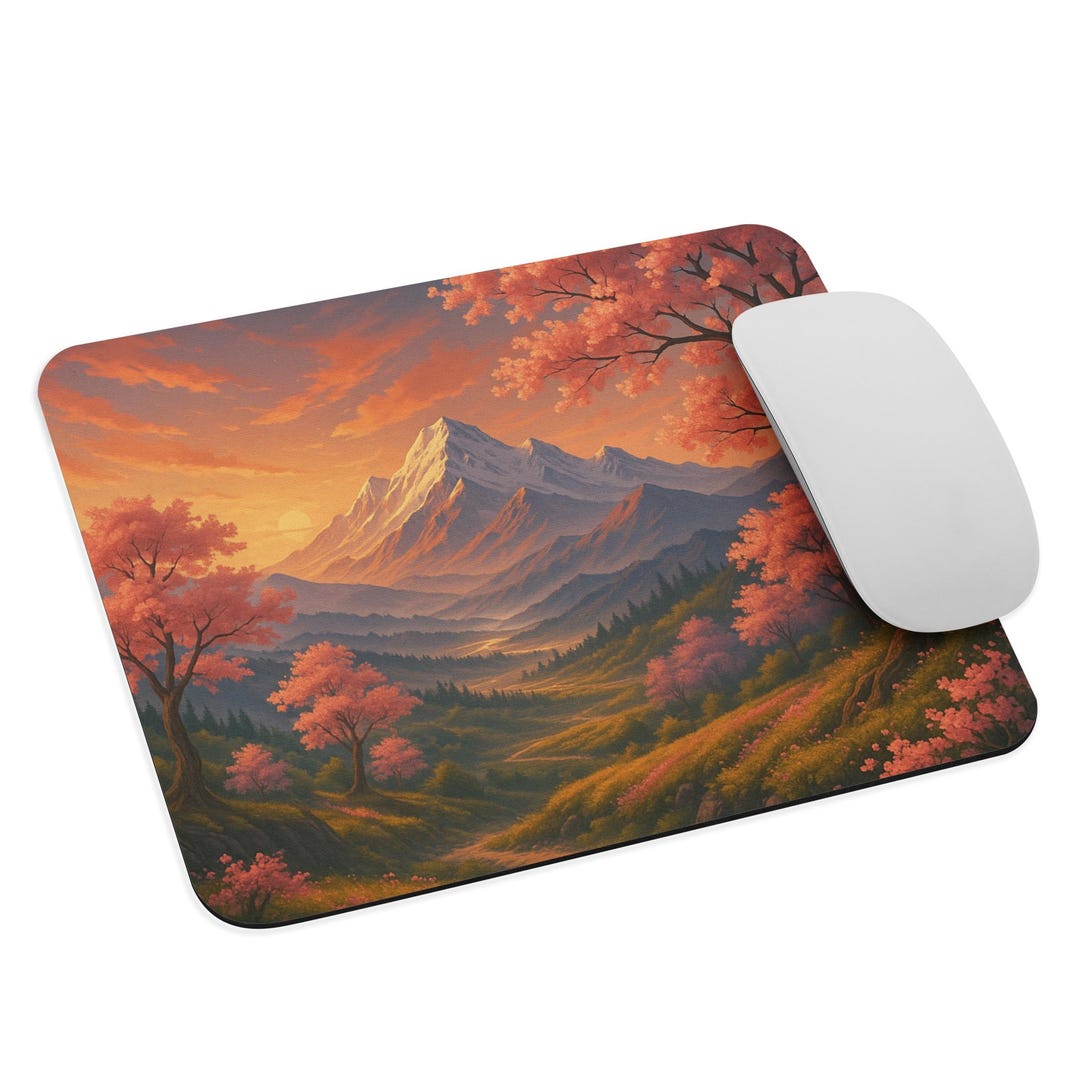 Cherry Blossom and Mountain Mouse Pad – Romantic Nature Sunset Design ...