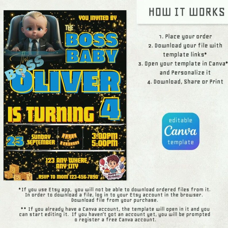 Invitación de cumpleaños de Boss Baby: plantilla editable en Canva ...
