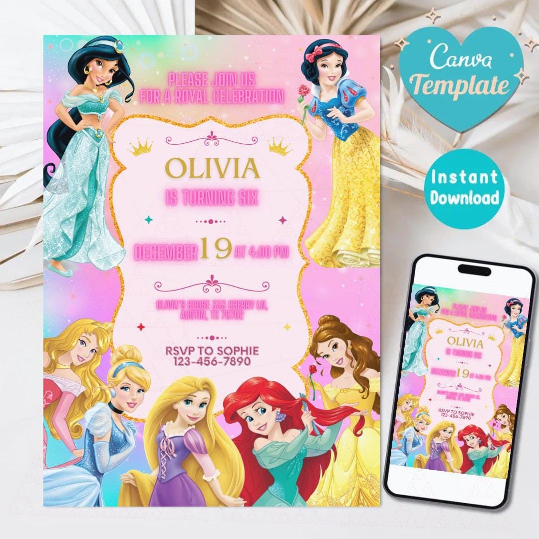 Editable Princess Birthday Invitation Princess Invitation Princess ...