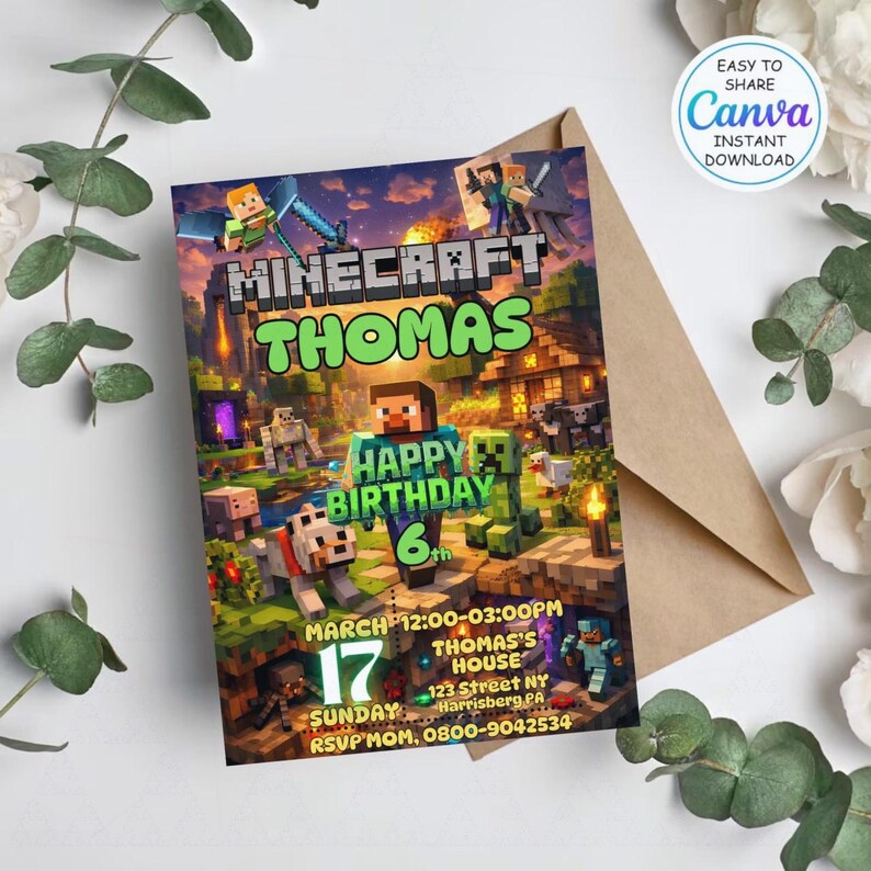 Editable Pixel Birthday Invitation Block Party Invite Gamer Birthday ...