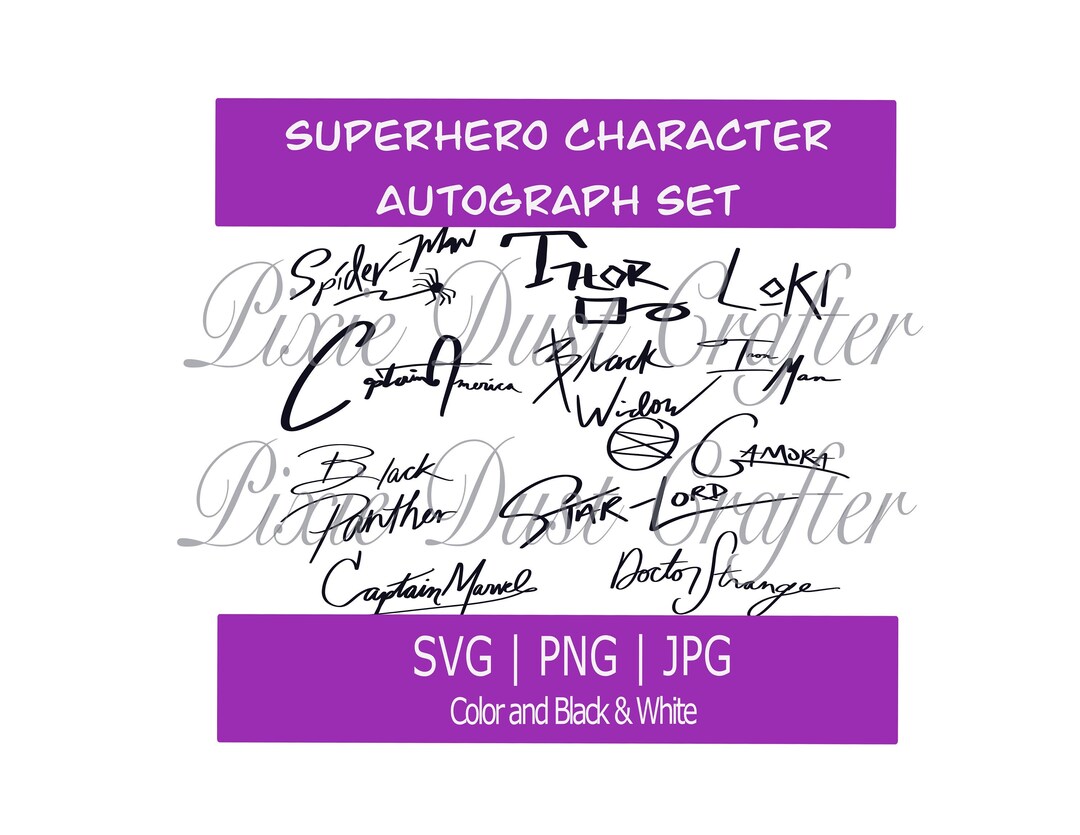 Superhero Character Signature Autograph Set SVG | JPG | PNG | Captain ...