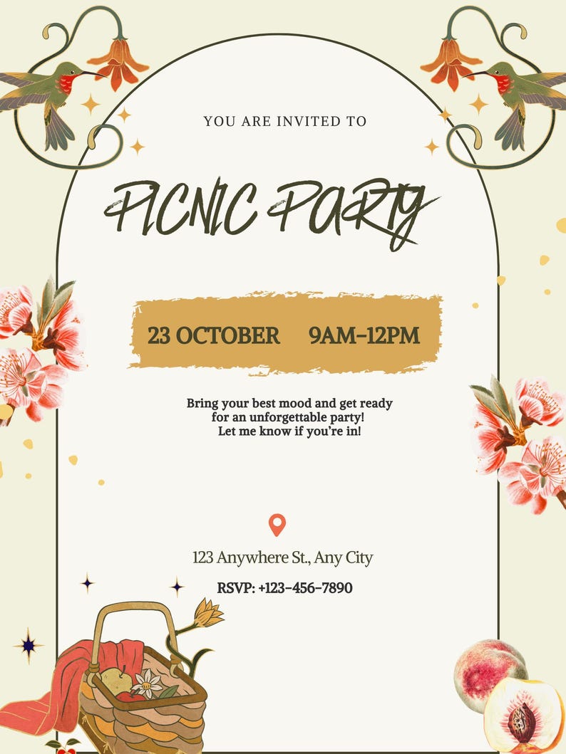 Editable Picnic Party Invitation Template | Fall Floral Invite | Canva ...