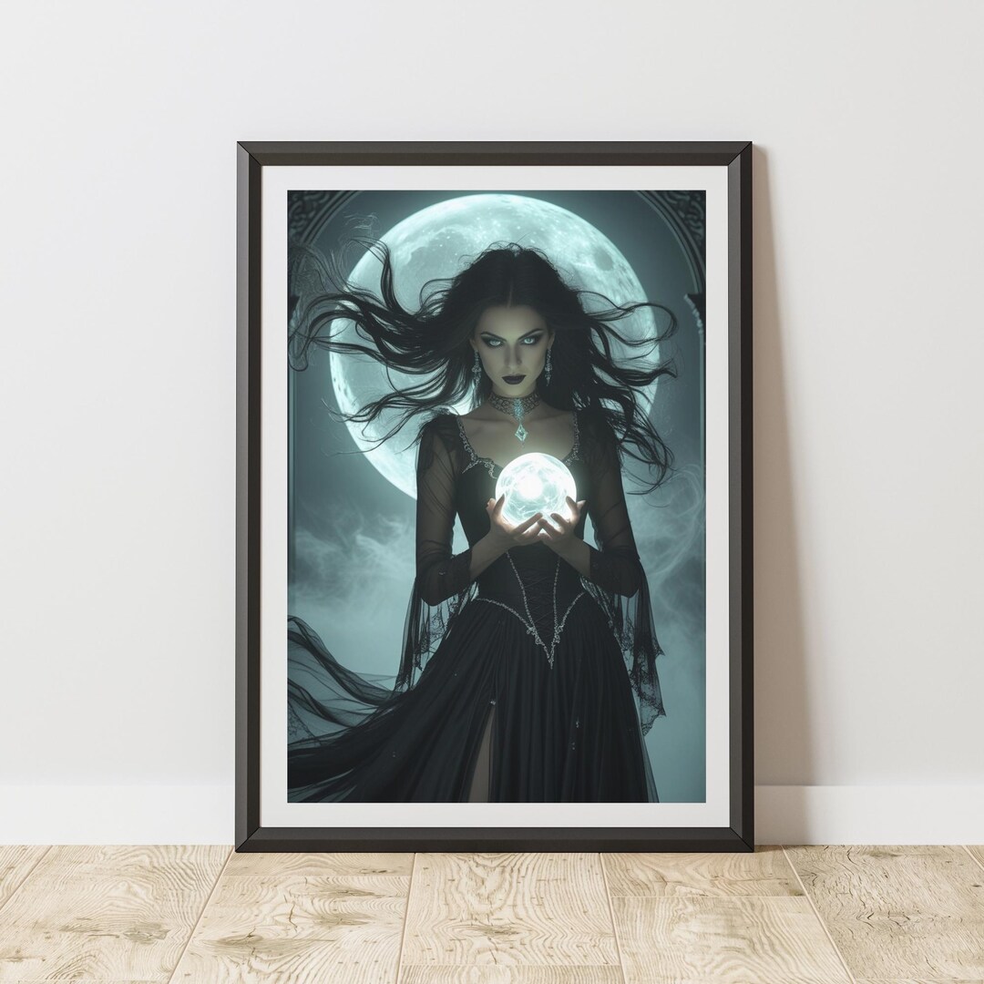 Mystical Witch Art, Gothic Moon Print, Witch With Orb, Windy Hair Witch ...