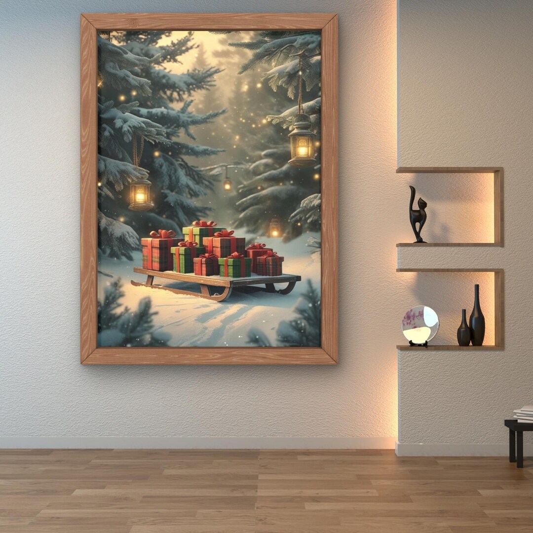 Christmas Sled Wall Art Print, Snowy Forest Scene With Gifts & Lanterns ...