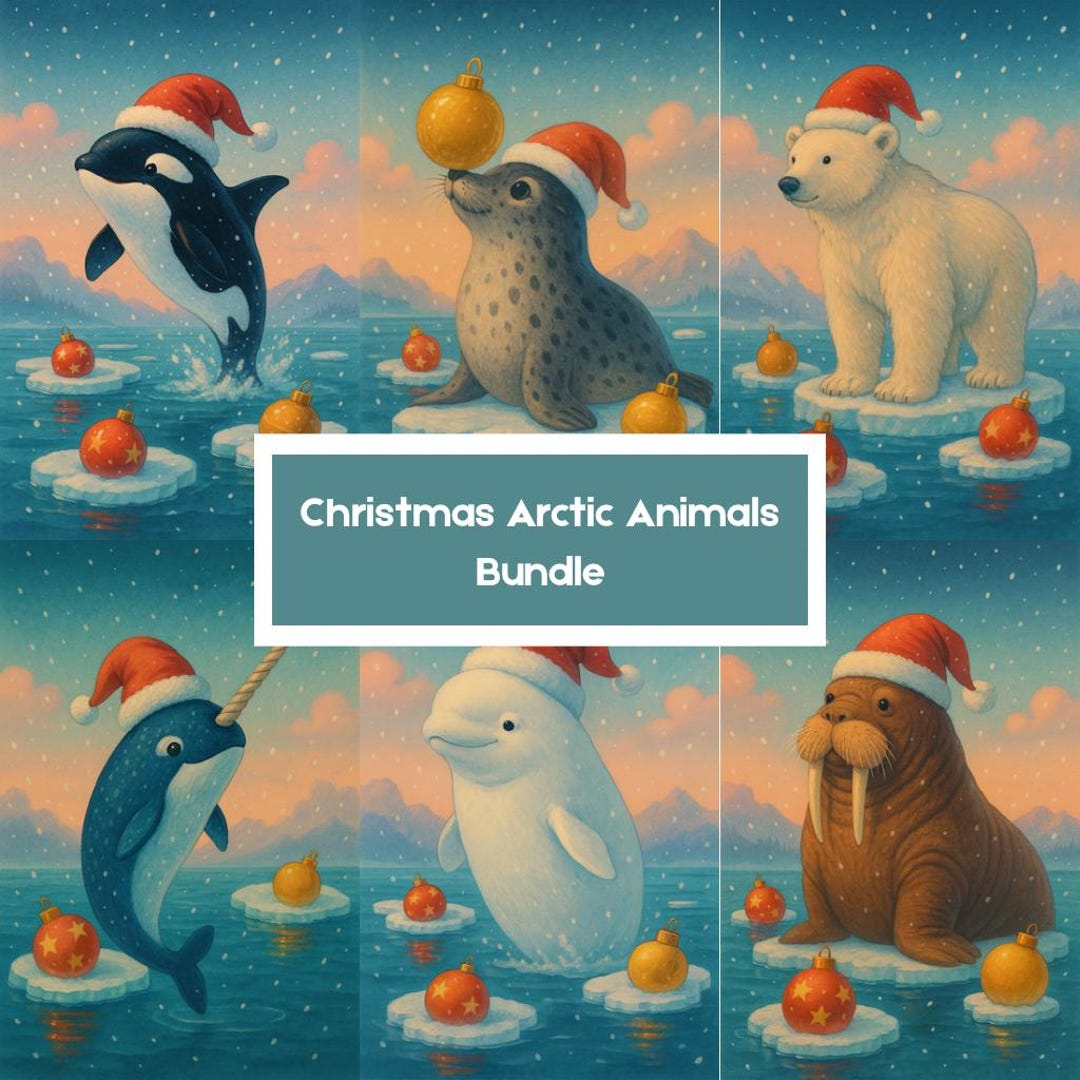 Christmas Arctic Animals Art Print Bundle: Cute Polar Bear, Narwahl ...